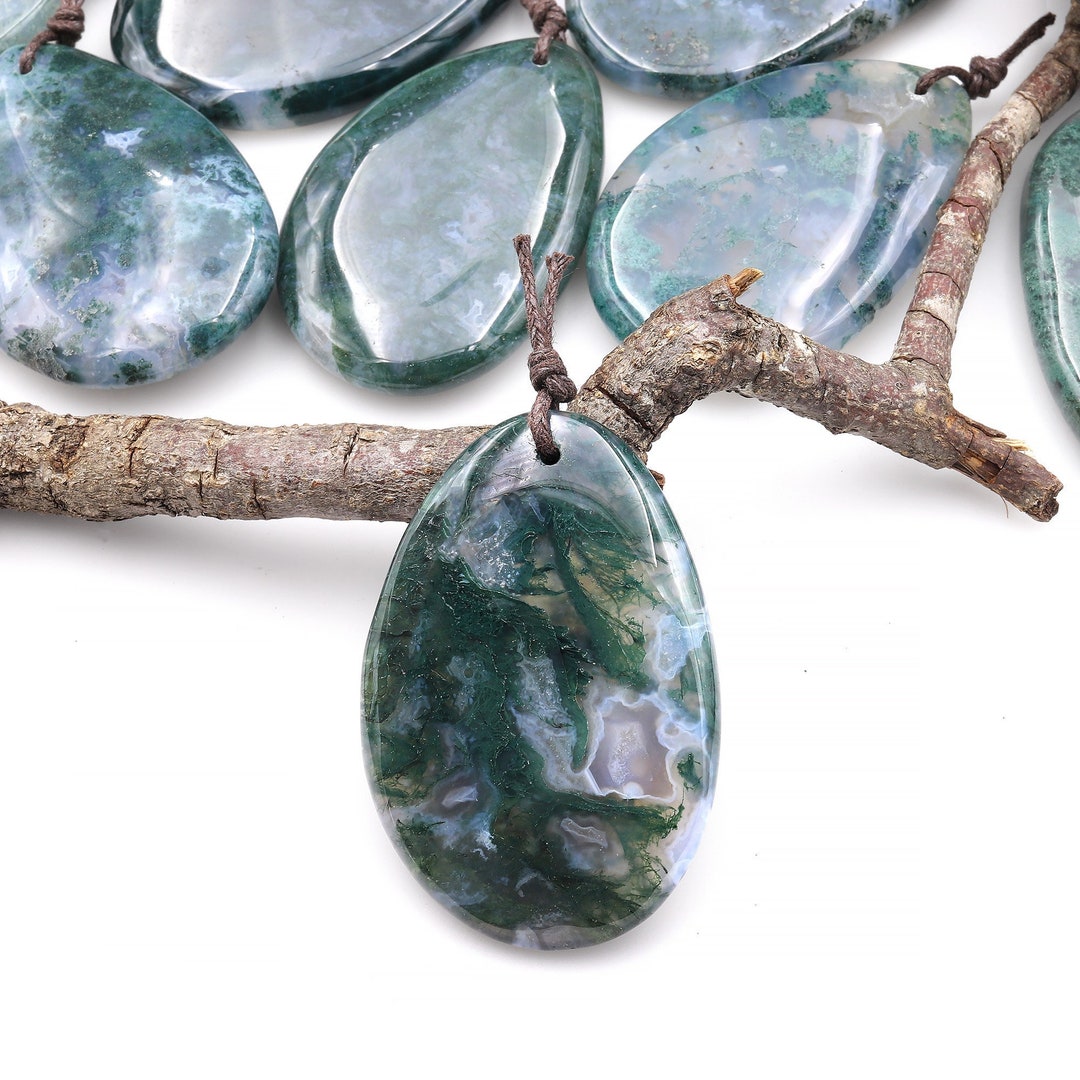Natural Green Moss Agate Freeform Teardrop Pendant Gemstone Focal Bead ...