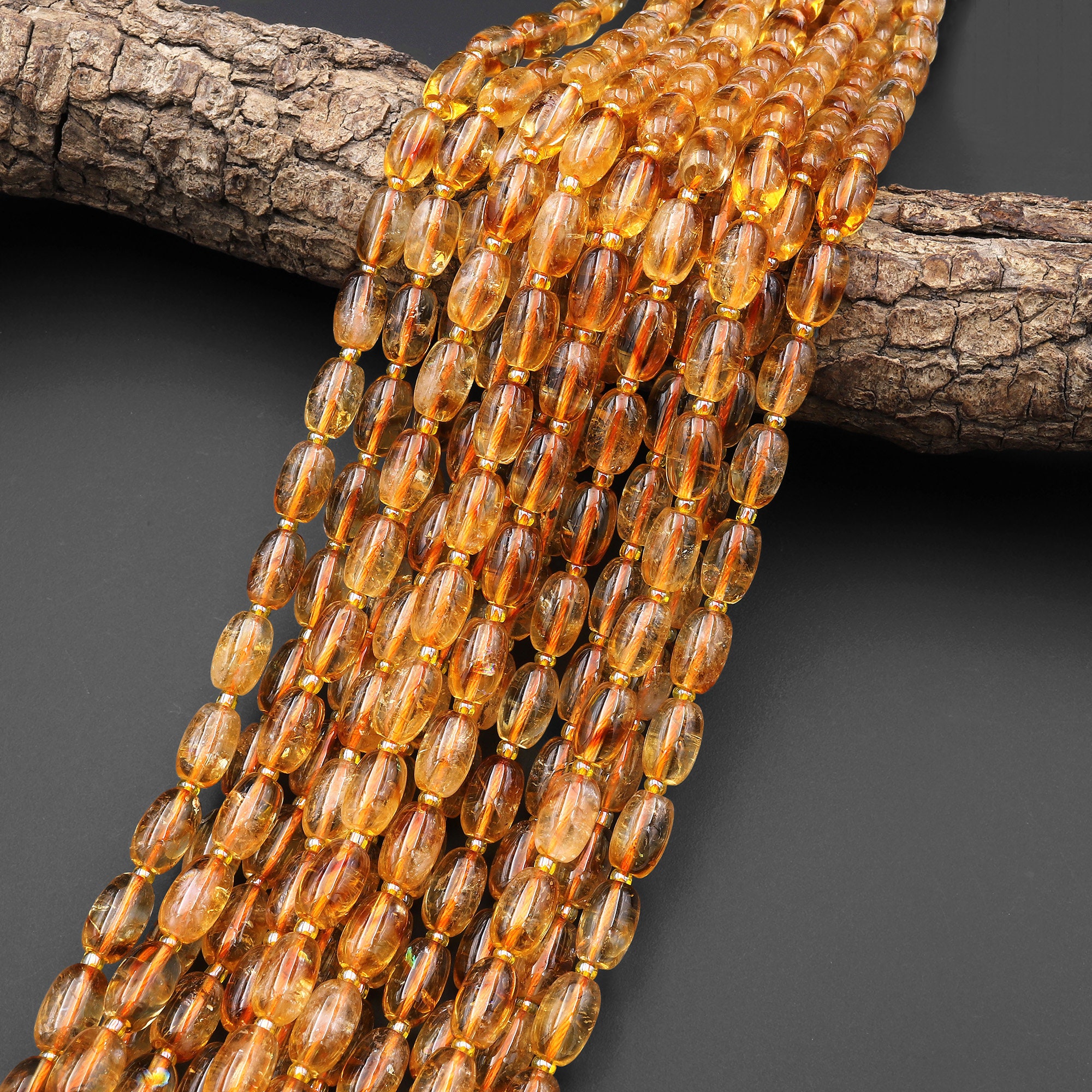 Natural Golden Citrine Smooth Drum Barrel Rice Beads 15.5