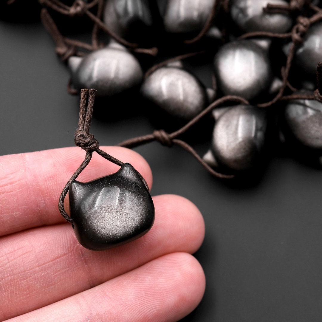 AAA Carved Natural Silver Obsidian Kitty Cat Face Pendant Side Drilled ...