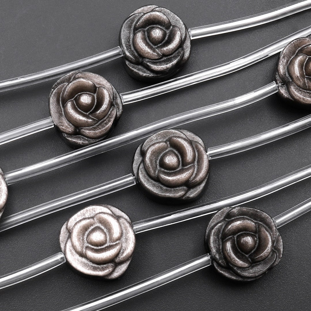 AAA Hand Carved Natural Silver Obsidian Rose Flower Gemstone Beads 14mm ...