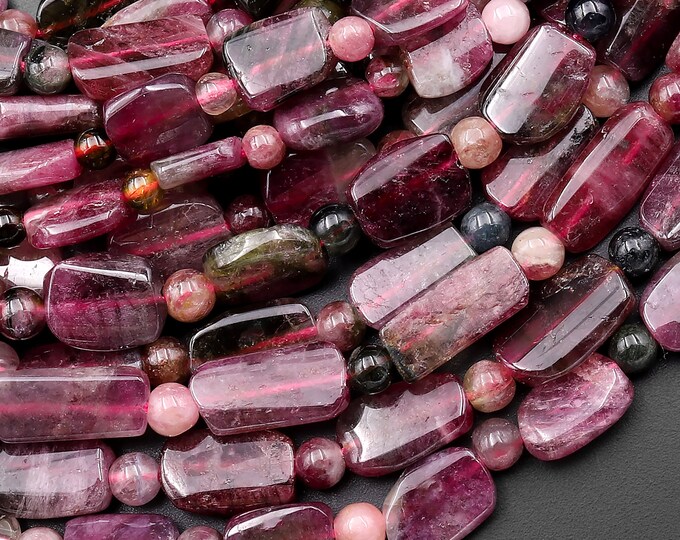 Natural Fuchsia Pink Tourmaline Freeform Rectangle Beads Gemstone 15.5 ...