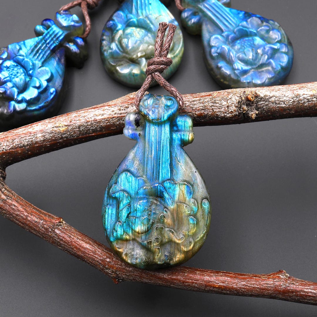 AAA Hand Carved Natural Chinese Lute Pipa W Peony Rose Flower Pendant ...