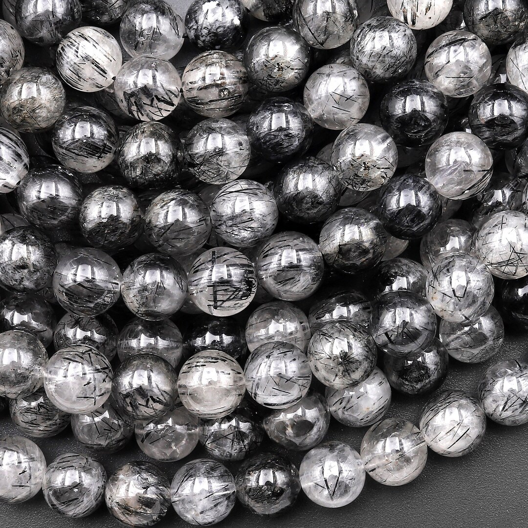 AAA Natural Black Tourmaline Rutilated Rutile Quartz Round Beads 6mm 8mm 10mm Gemstone 15.5 ...