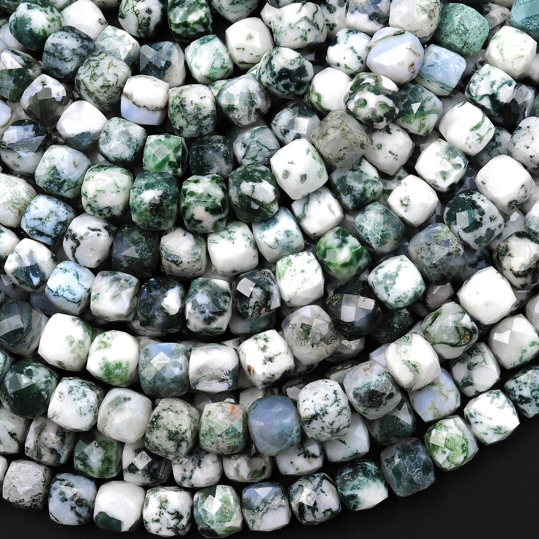 AAA Faceted Natural Green Tree Agate 6mm 7mm 8mm Cube Beads Laser ...