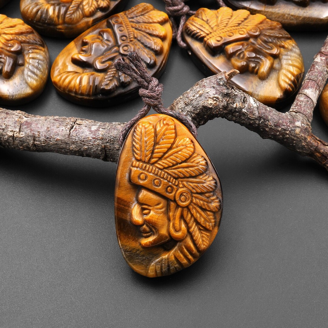 AAA Hand Carved Natural Tiger's Eye Native American Indian Face Pendant ...