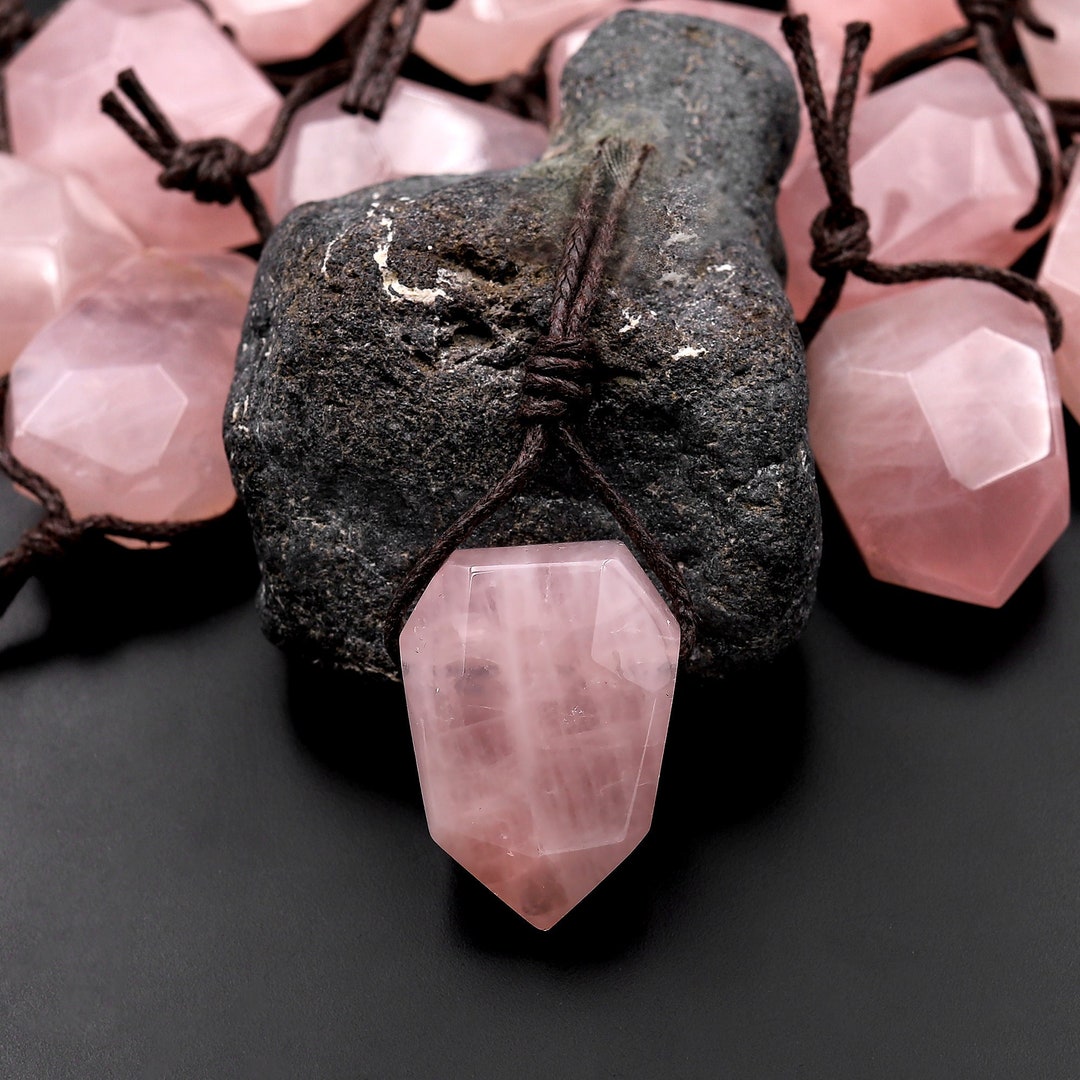 Faceted Natural Madagascar Pink Rose Quartz Point Pendant Side Drilled ...