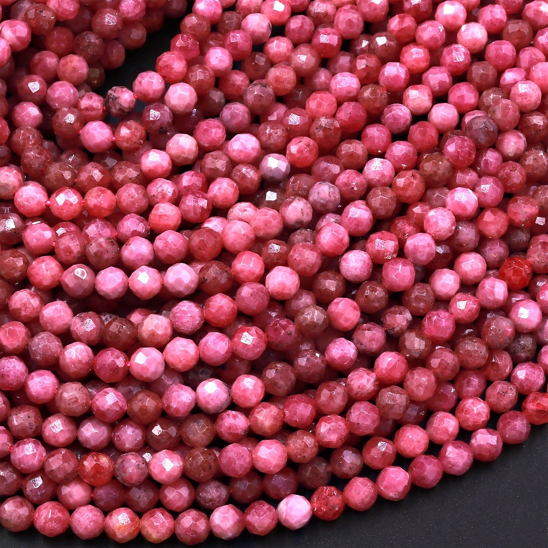 Micro Faceted Natural Pink Red Thulite 3mm 4mm Round Beads Diamond Cut ...