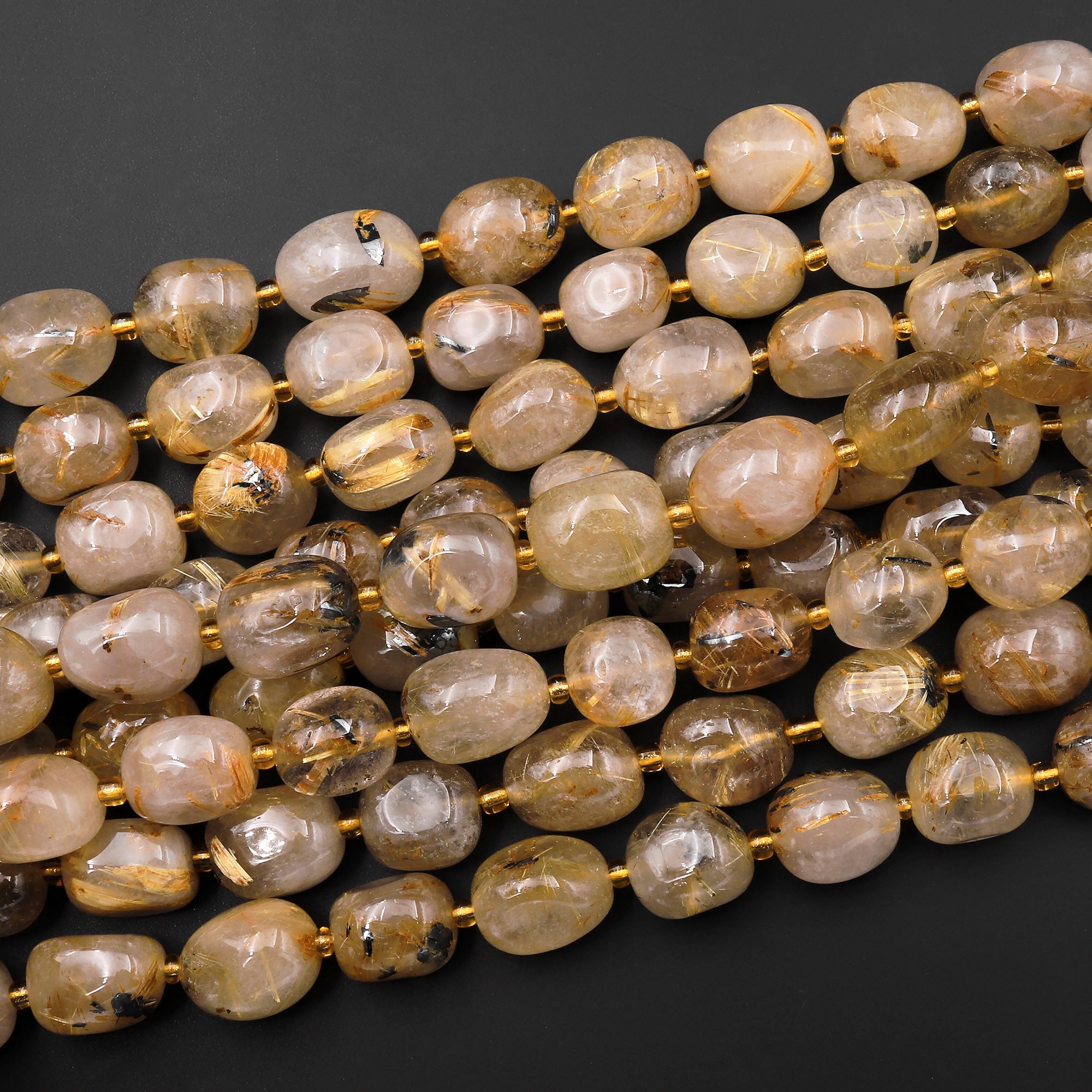 Natural Titanium Golden Rutile Quartz Puffy Smooth Rounded Nugget Beads ...
