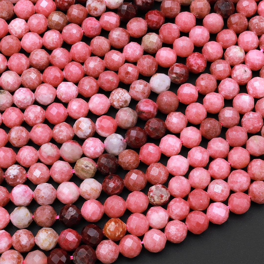 Faceted Natural Red Pink Thulite 4mm Round Beads Micro Diamond Cut ...