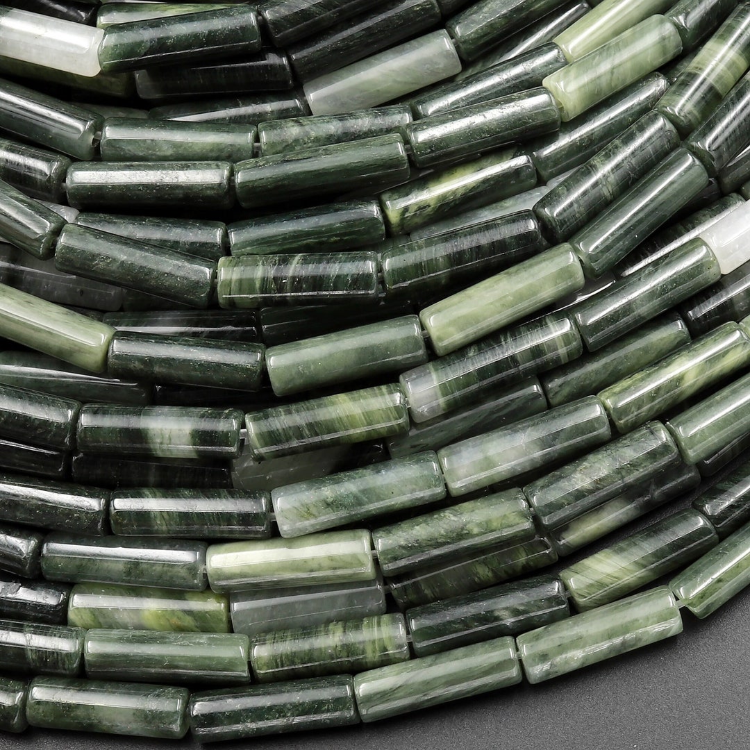 Natural Green Actinolite in Quartz Thin Long Tube Beads 14mm 15.5 ...