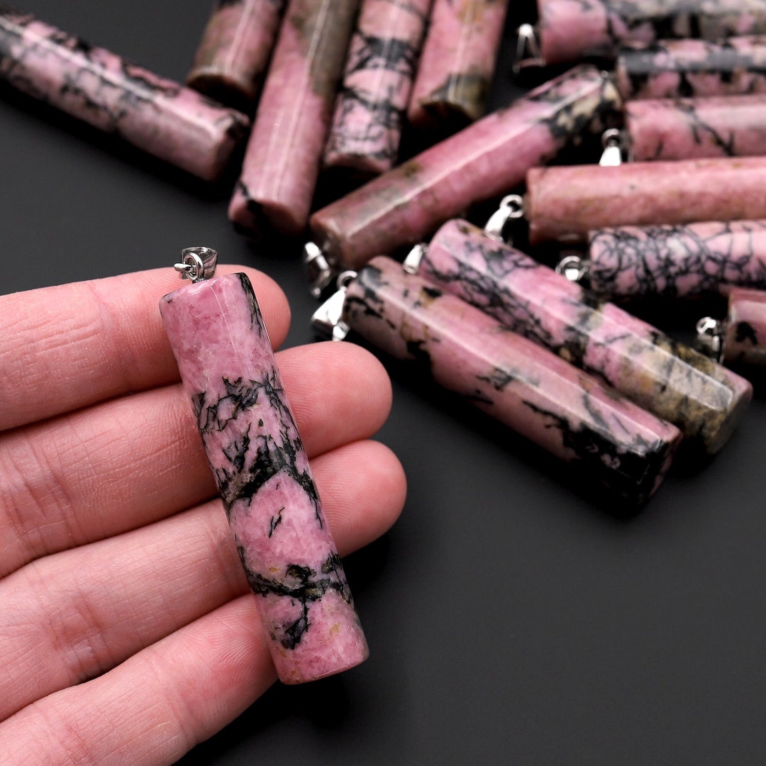 Natural Pink Black Rhodonite Long Cylinder Pendant Natural Crystal ...