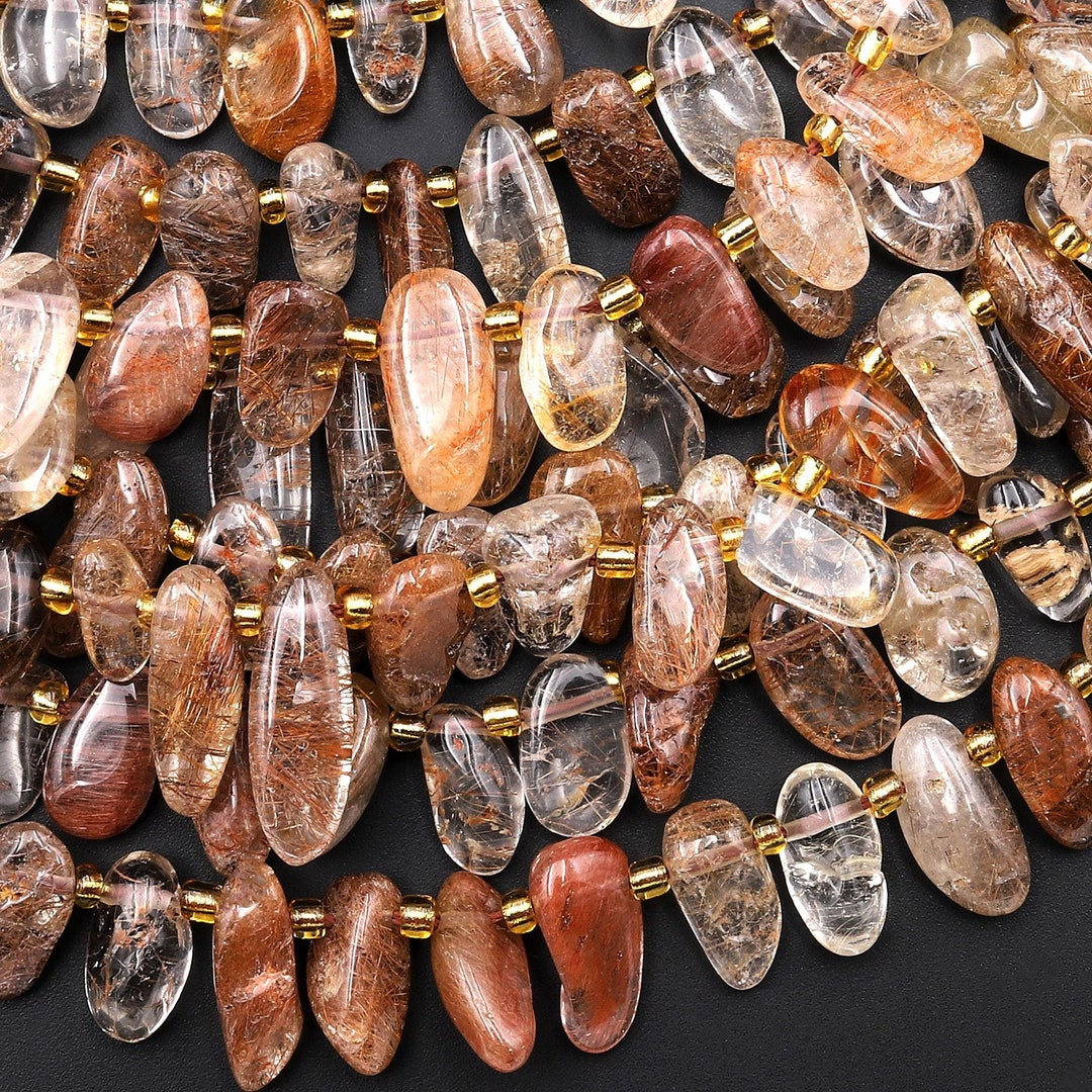 Natural Red Rutile Quartz Freeform Oval Pebble Nugget Beads Top Side ...