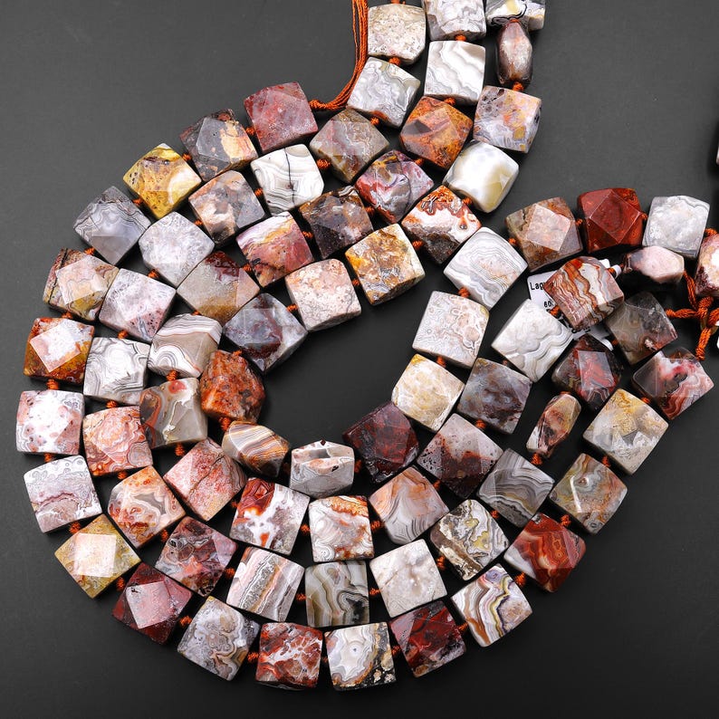 Large Faceted Natural Laguna Lace Agate 18mm Square Nugget Beads 15.5 ...