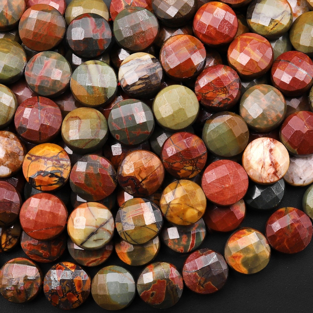 Faceted Natural Red Creek Jasper Bead 8mm 10mm Coin Earthy Red Green ...