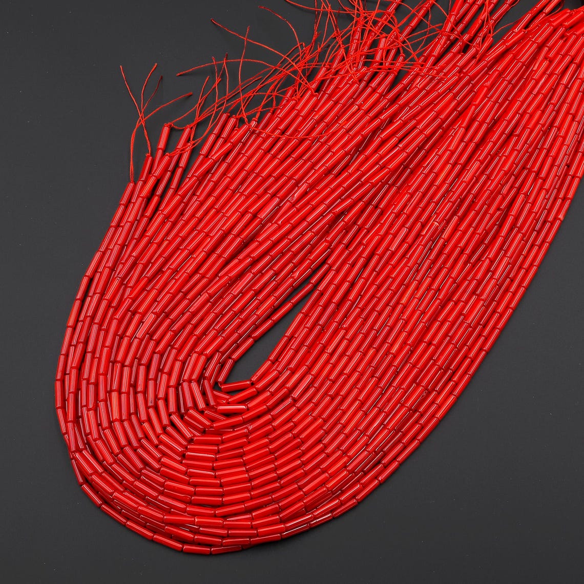 Genuine Red Bamboo Coral Smooth Thin Long Tube Cylinder 3x10mm Beads 15 ...