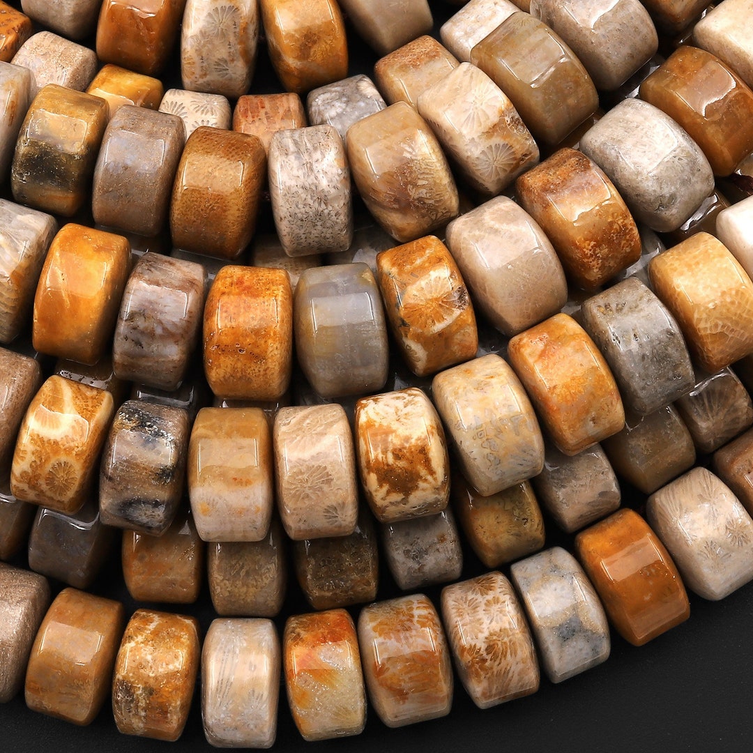 AAA Large Natural Fossil Coral Smooth Wheel Rondelle Beads 14mm Golden ...