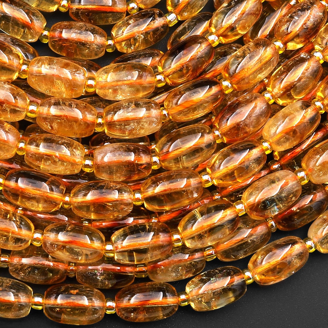 Natural Golden Citrine Smooth Drum Barrel Rice Beads 15.5