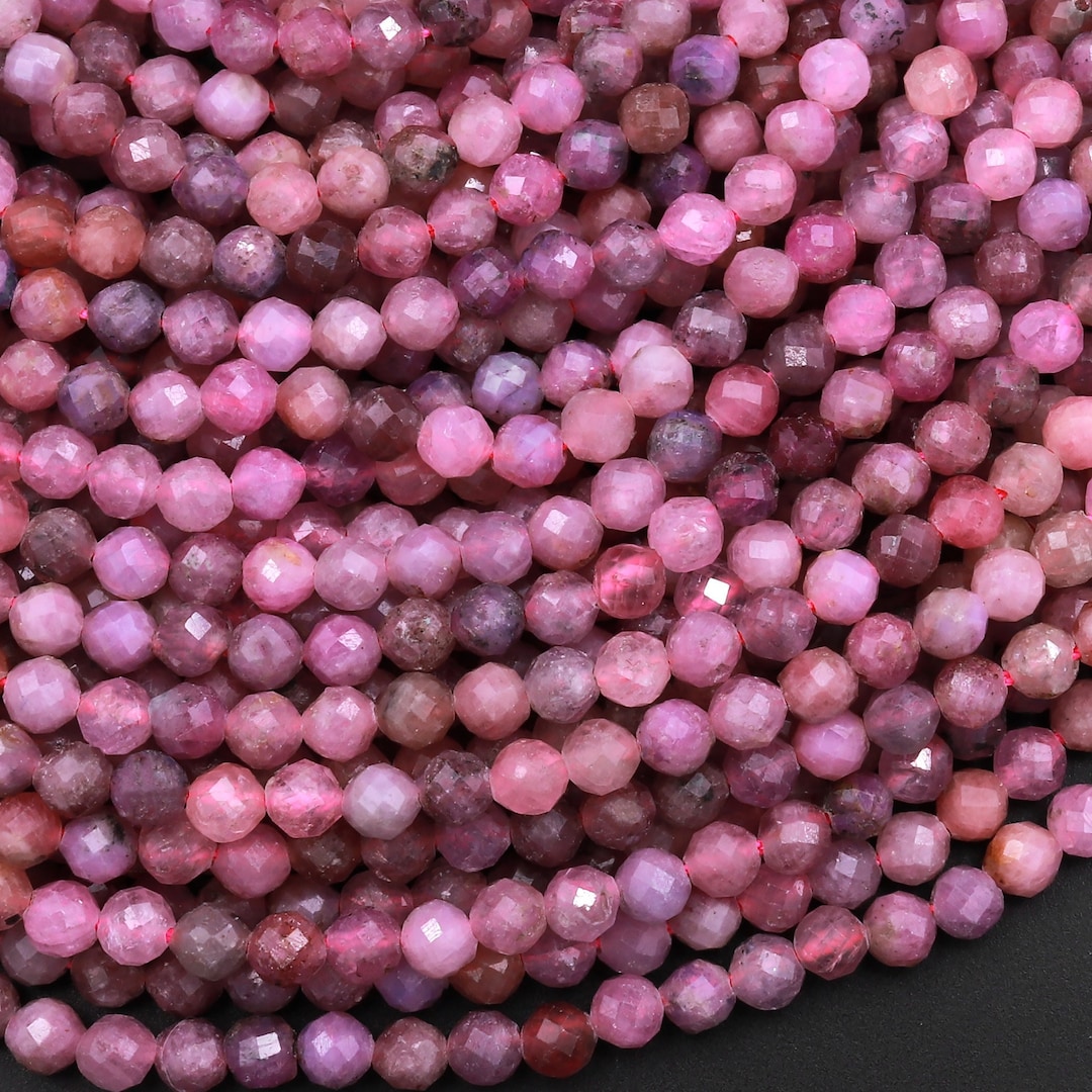 Genuine Natural Pink Ruby Gemstone Faceted 3mm 4mm Round Beads 15.5 ...