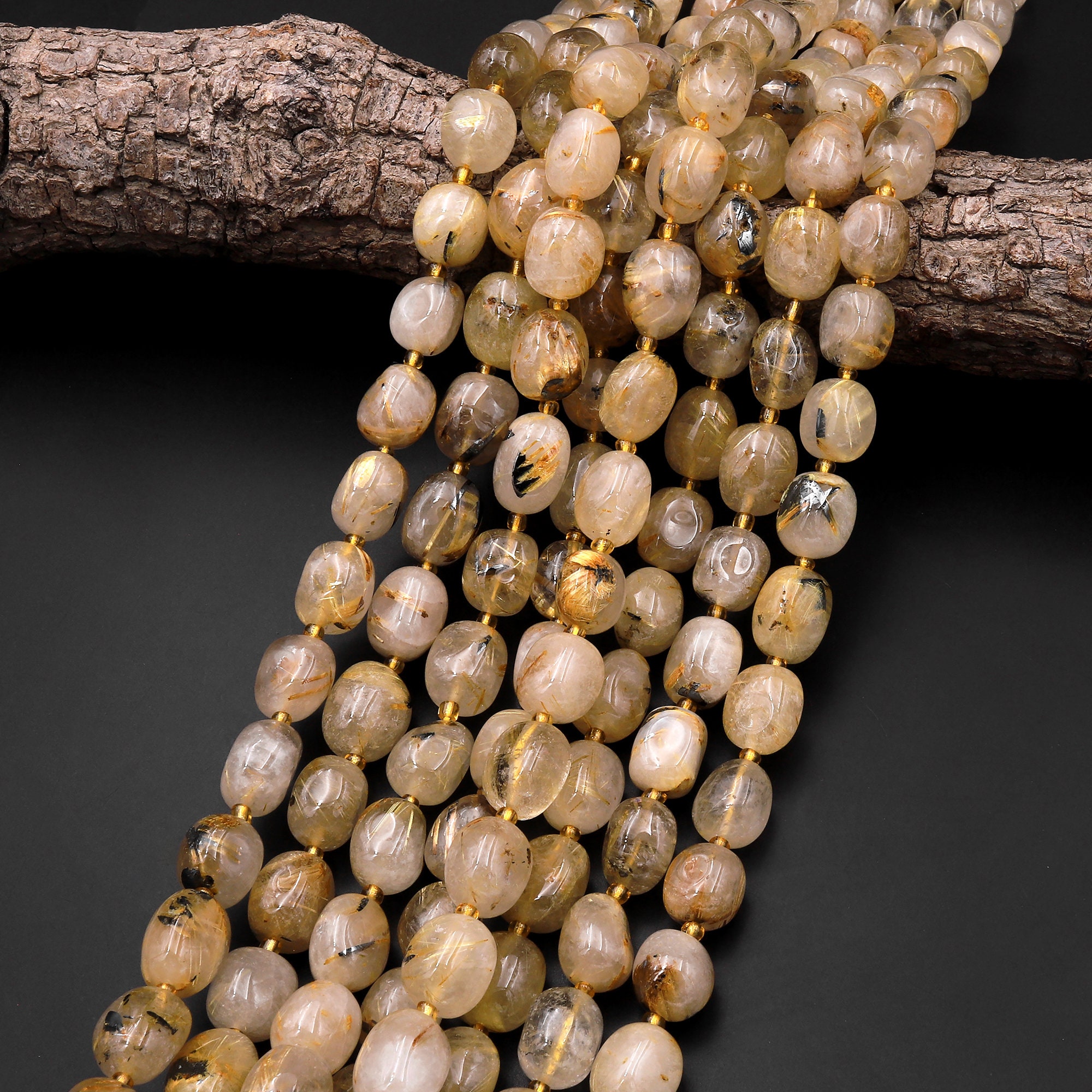 Natural Titanium Golden Rutile Quartz Puffy Smooth Rounded Nugget Beads ...