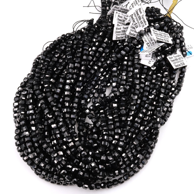 AAA Natural Black Tourmaline Faceted 2mm 3mm 4mm 6mm Cube Beads Micro ...