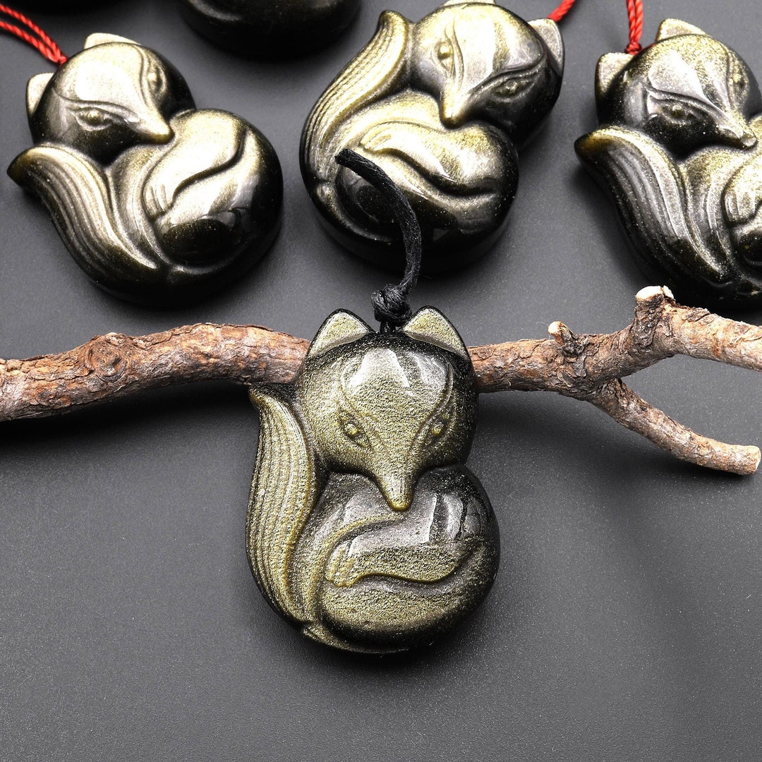 AAA Hand Carved Natural Golden Obsidian Fox Pendant Gemstone Focal Bead ...