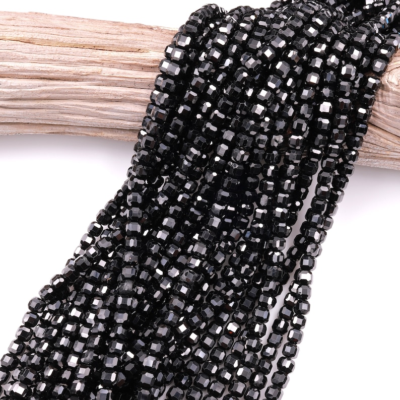 AAA Natural Black Tourmaline Faceted 2mm 3mm 4mm 6mm Cube Beads Micro ...