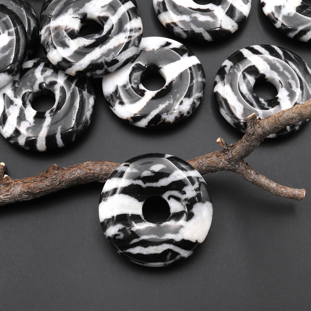 AAA Natural Black and White Zebra Jasper Donut Pendant Focal Bead 30mm ...
