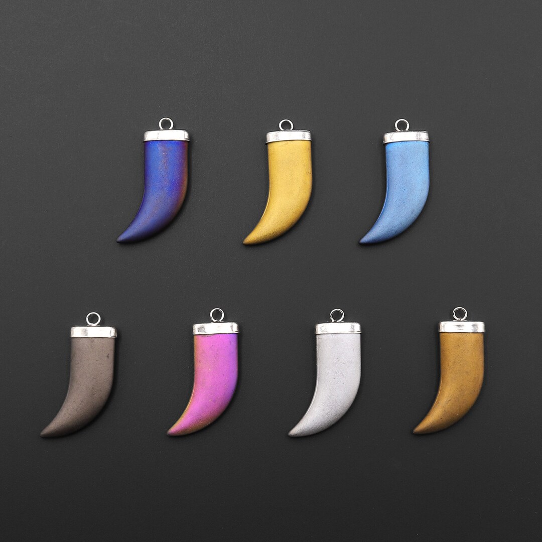 Matte Titanium Hematite Claw Tooth Shaped Pendant Blue Gold Ice Blue ...