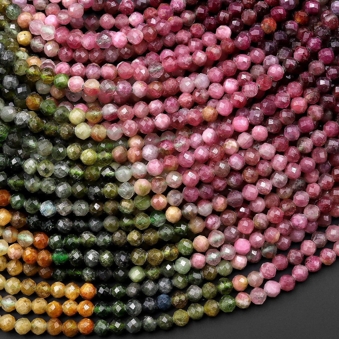 Faceted Natural Multicolor Tourmaline Round Beads 4mm Red Pink Green ...