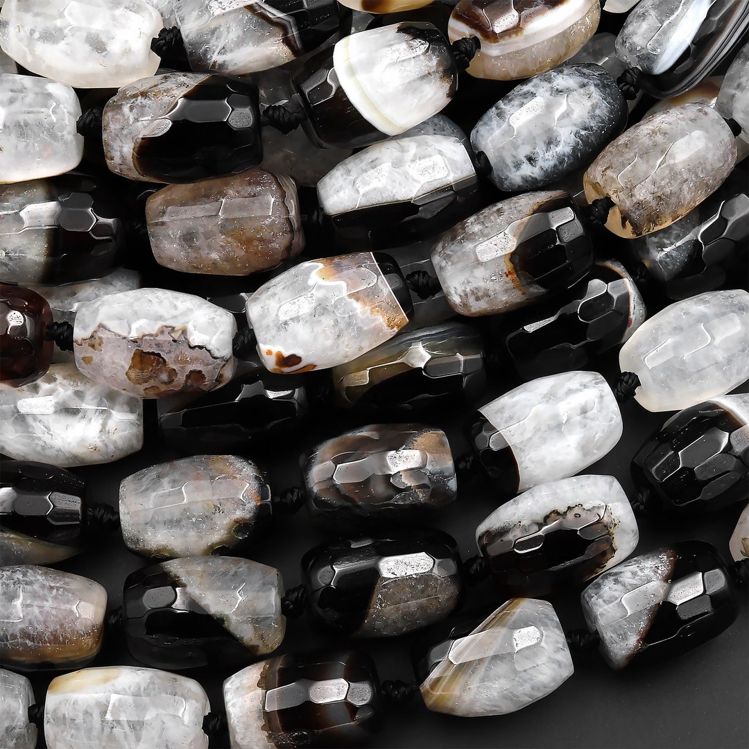 Faceted Natural Tuxedo Agate Druzy Barrel Drum Cylinder Beads 14mm 15.5 ...