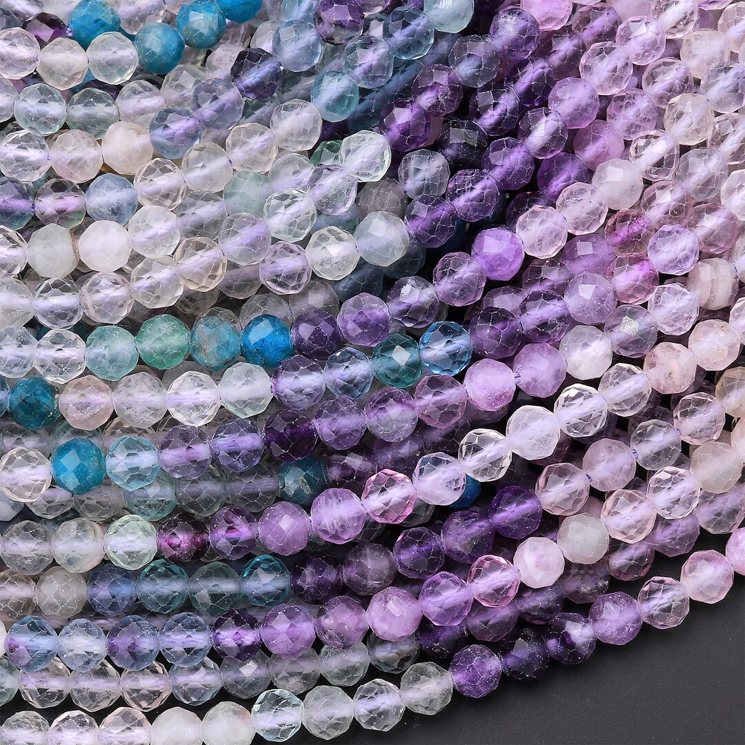 Natural Multicolor Fluorite Faceted 4mm Round Beads Micro Laser Cut ...