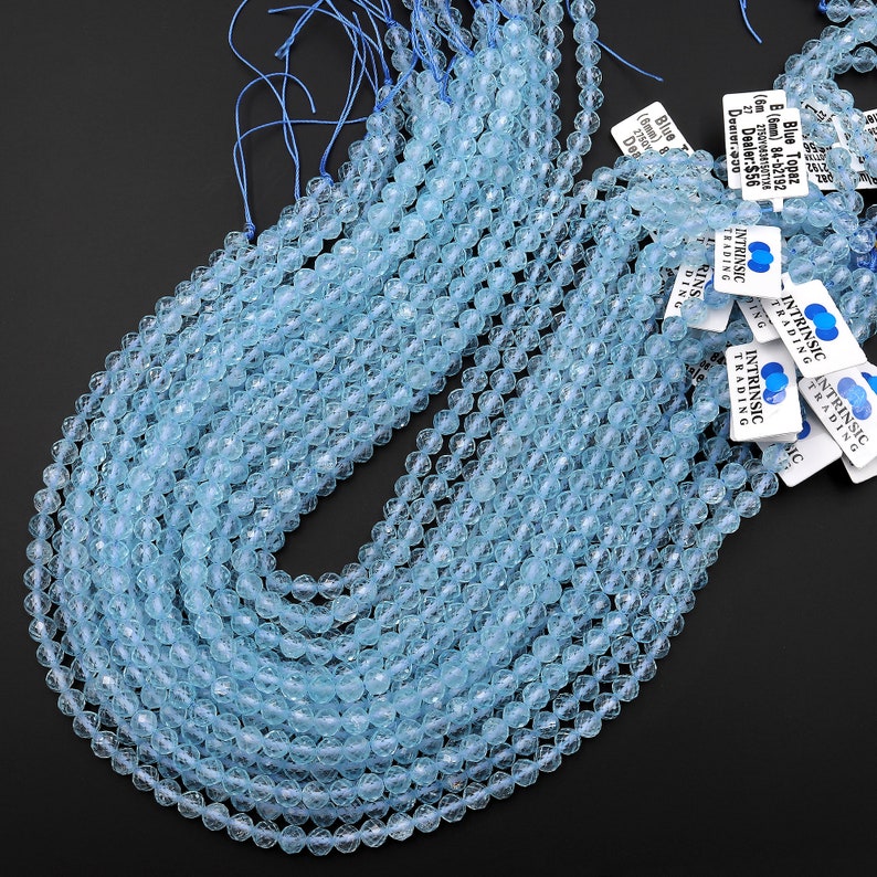 AAA Swiss Blue Topaz 2mm 3mm 4mm 6mm Faceted Round Beads Laser Diamond ...