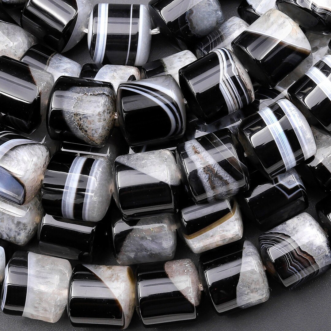 Natural Black Tuxedo Agate Smooth Short Cylinder Beads W/ White Quartz ...