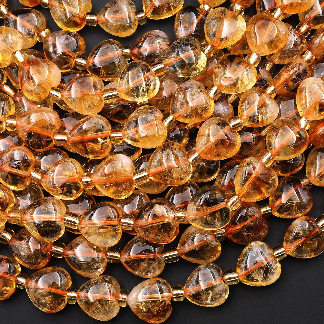 AAA Natural Golden Citrine Smooth Heart Beads 12mm Gemstone 15.5 Strand ...