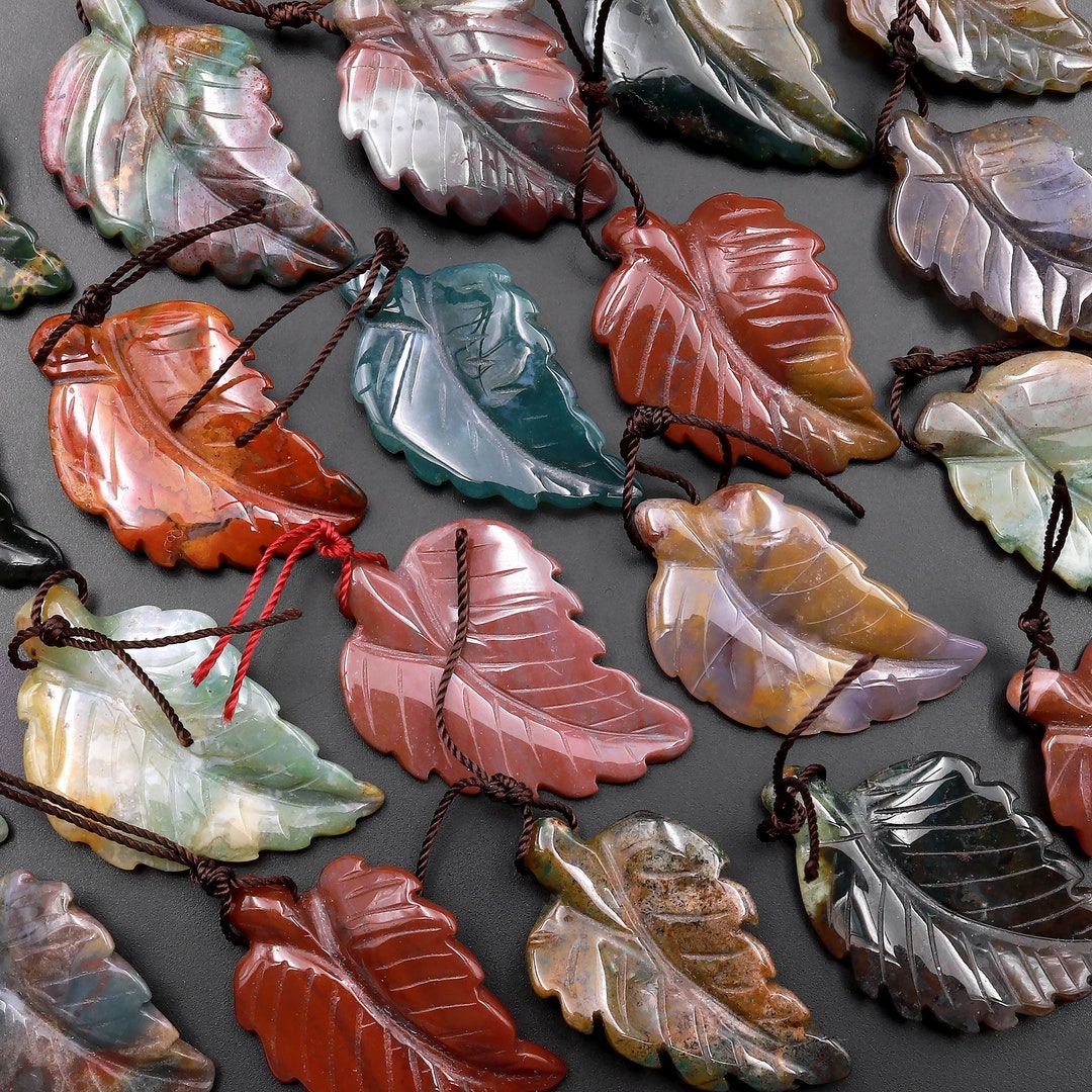 Hand Carved Natural Indian Agate Leaf Pendant Bead Drilled Gemstone - Etsy