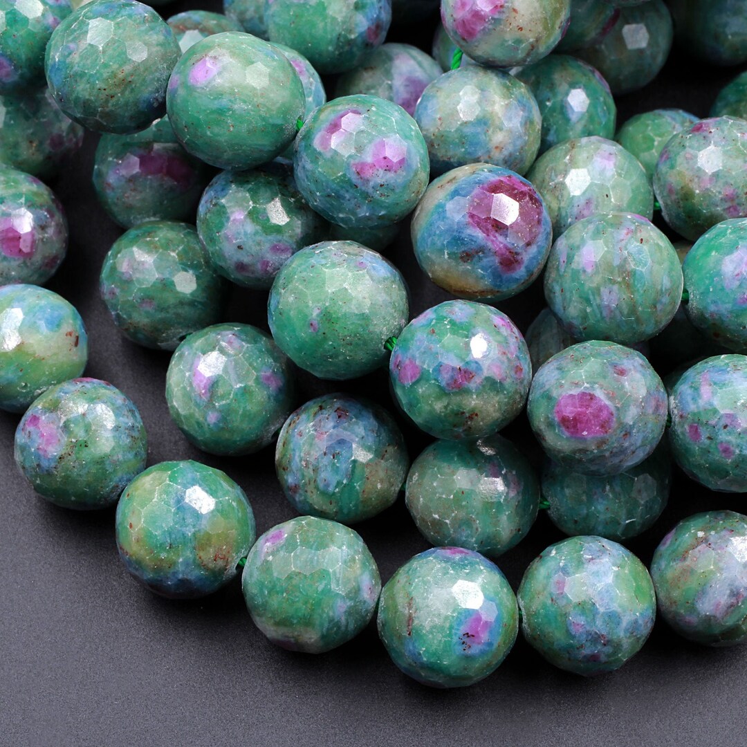 Faceted Natural Ruby Fuchsite Round Beads 6mm 8mm 10mm 12mm 14mm Red Ruby Green Fuchsite Blue ...