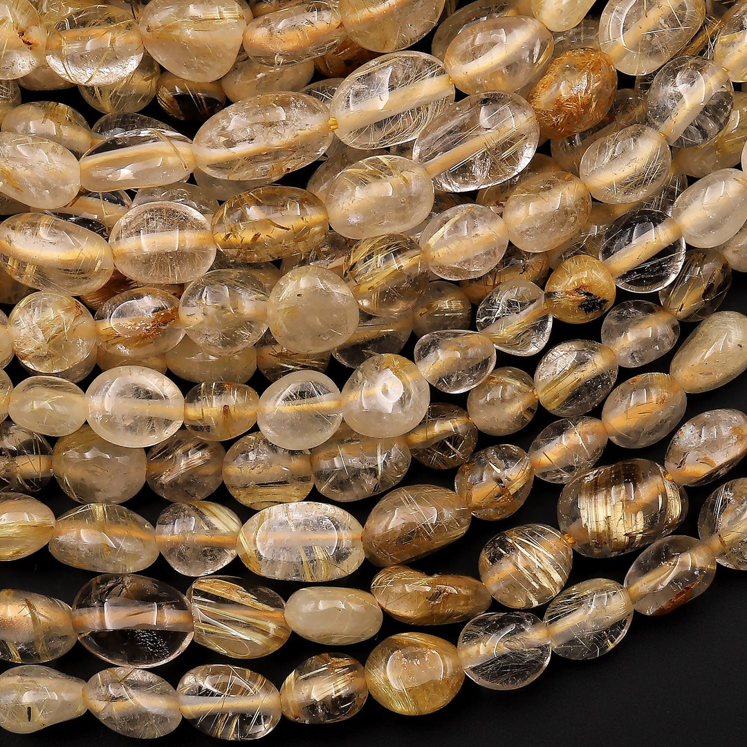 Natural Golden Rutile Quartz Smooth Freeform Pebble Nugget Beads ...