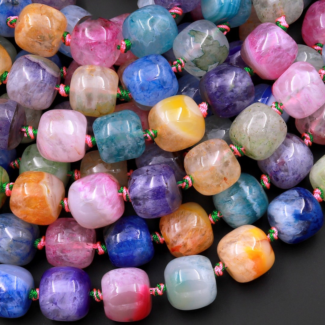 Multicolor Colorful Rainbow Agate Beads Drum Barrel Short Cylinder 15.5 ...