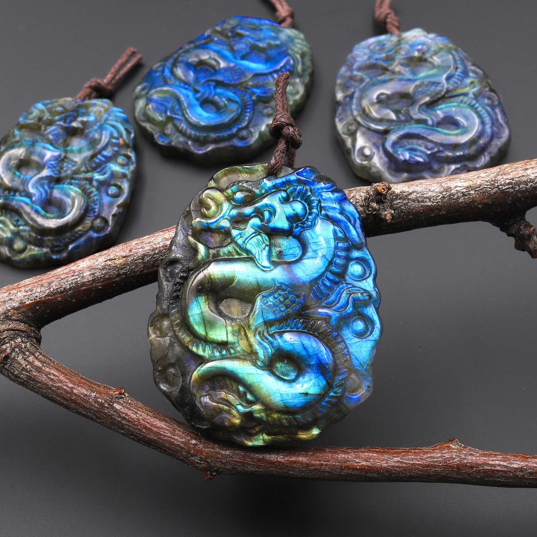 AAA Hand Carved Natural Golden Blue Green Labradorite Dragon Pendant ...