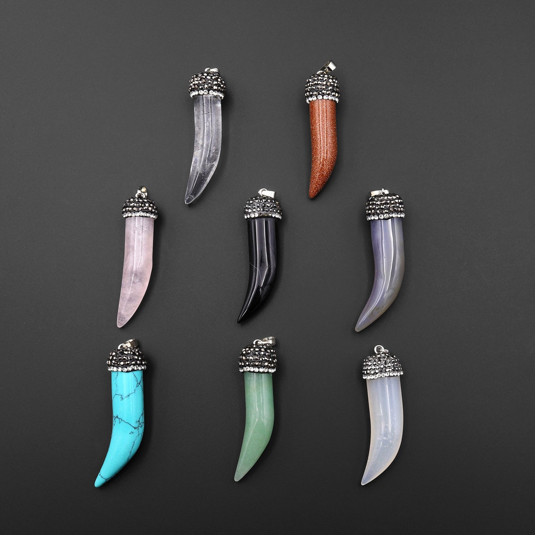 Natural Gemstone Claw Tooth Shaped Pendant Sparkling Rhinestone Rock ...