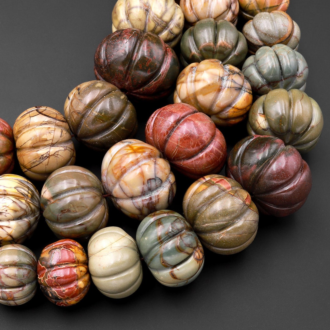 Graduated Natural Red Creek Jasper Beads Hand Carved Melon Pumpkin ...