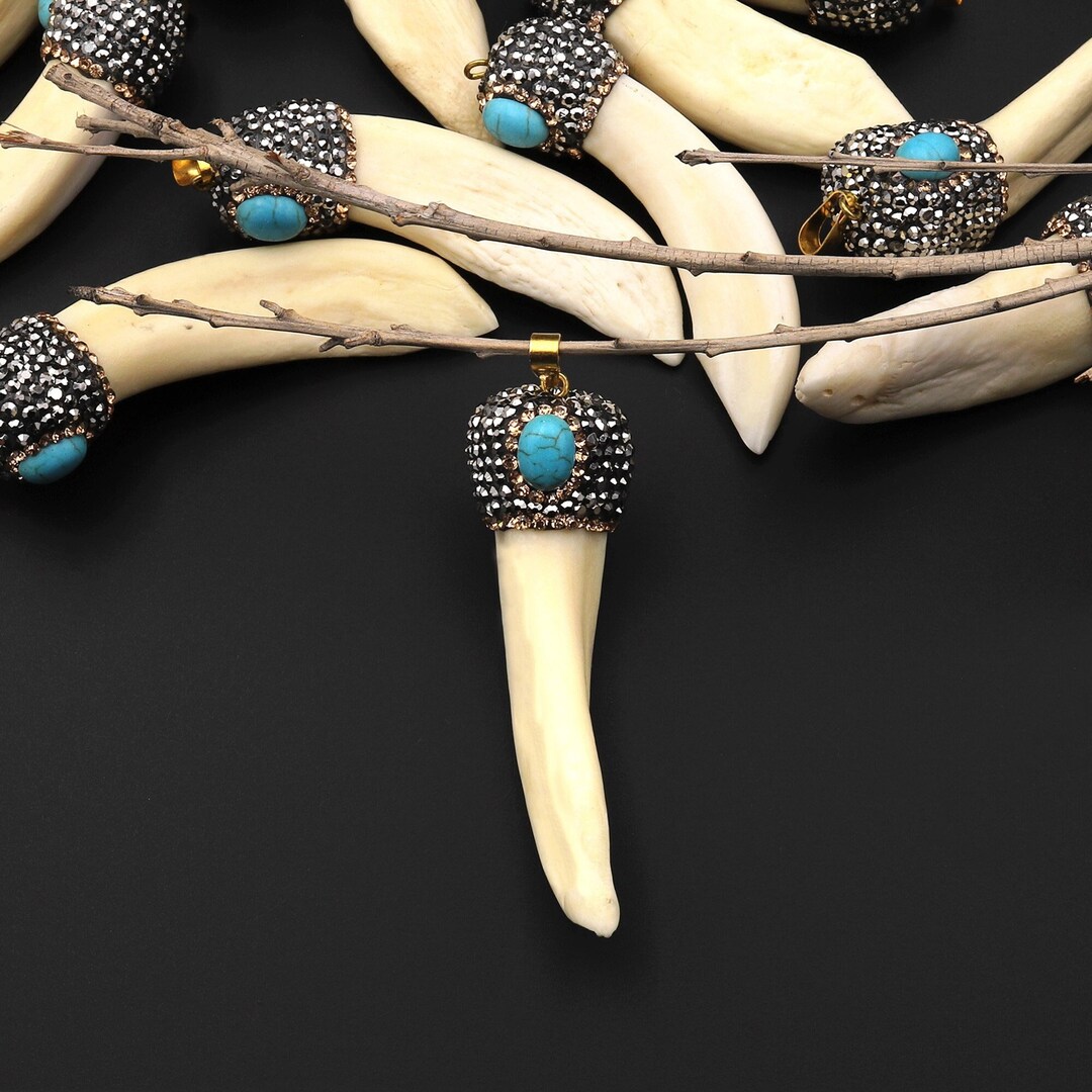 Wild and Exotic Real Wolf Tooth Pendant Sparkling Rhinestone Blue ...
