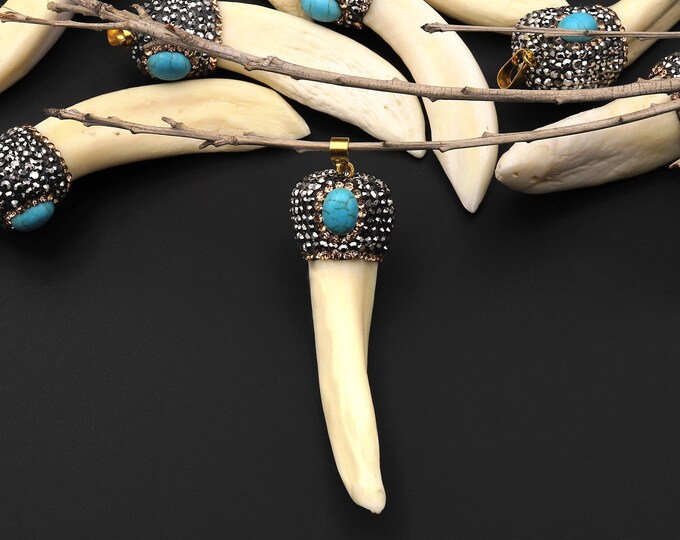 Wild and Exotic Real Wolf Tooth Pendant Sparkling Rhinestone Blue ...