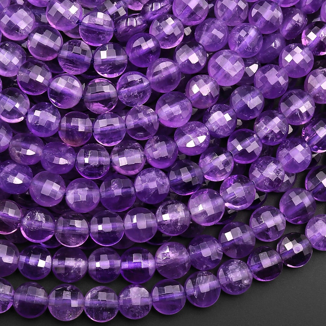 AAA Faceted 6mm 8mm 10mm Purple Amethyst Coin Beads Flat Disc Dazzling ...