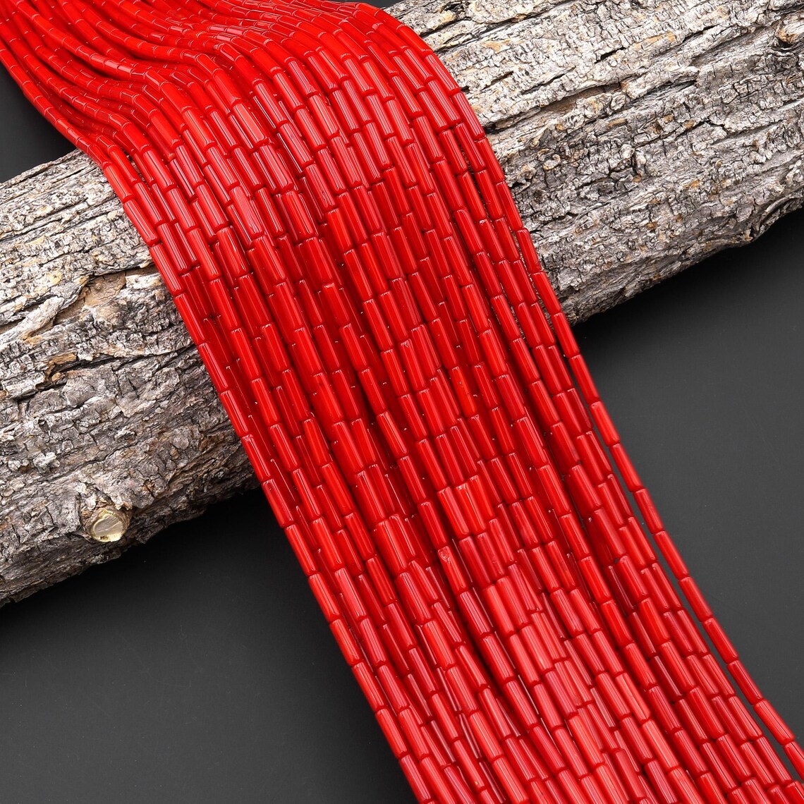 Genuine Red Bamboo Coral Smooth Thin Long Tube Cylinder 3x10mm Beads 15 ...