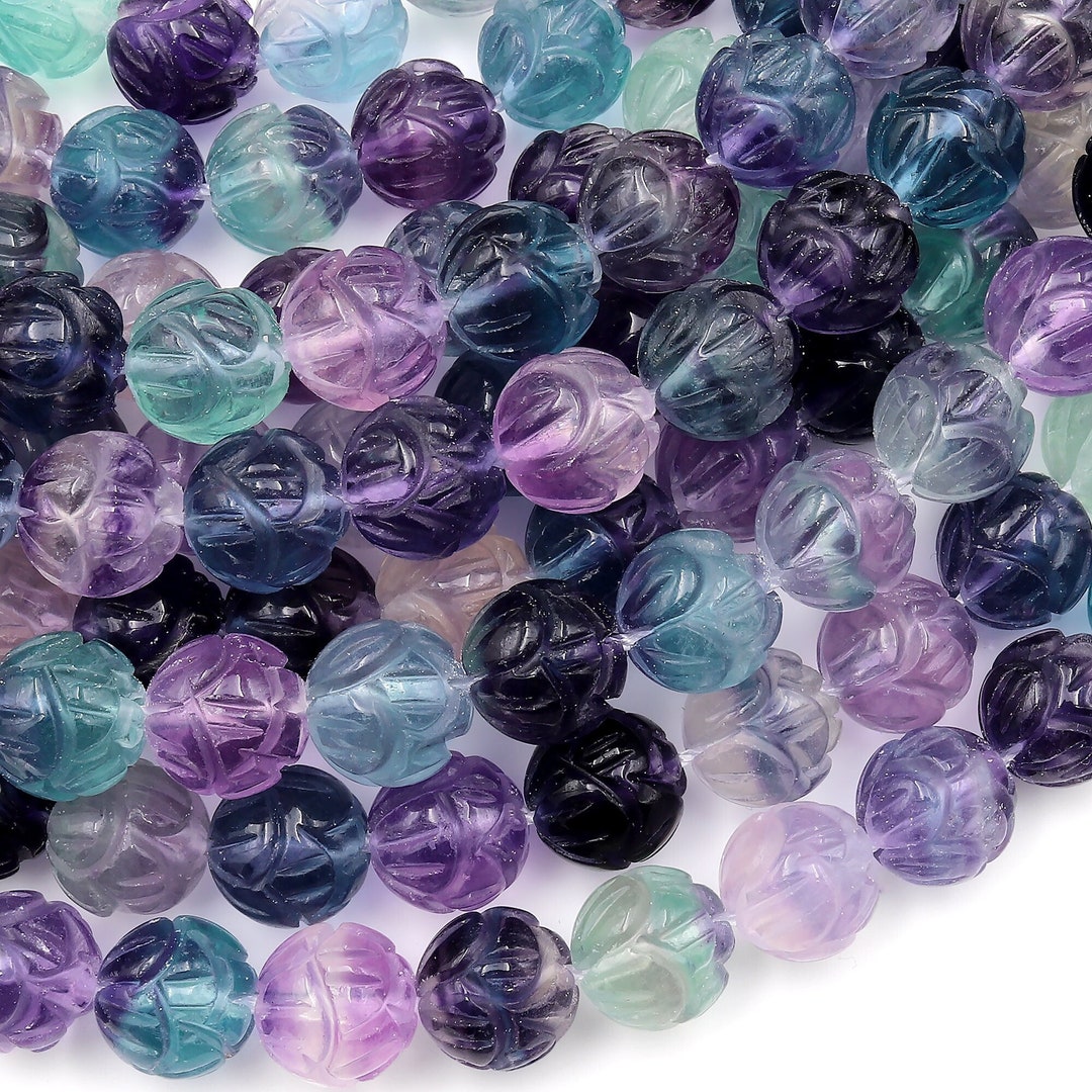 Natural Green Purple Fluorite Carved Lotus Flower Round Beads 10mm 3D ...