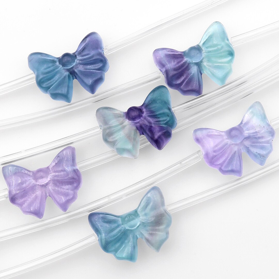 Hand Carved Natural Green Blue Purple Fluorite Flower Ribbon Bow Beads ...