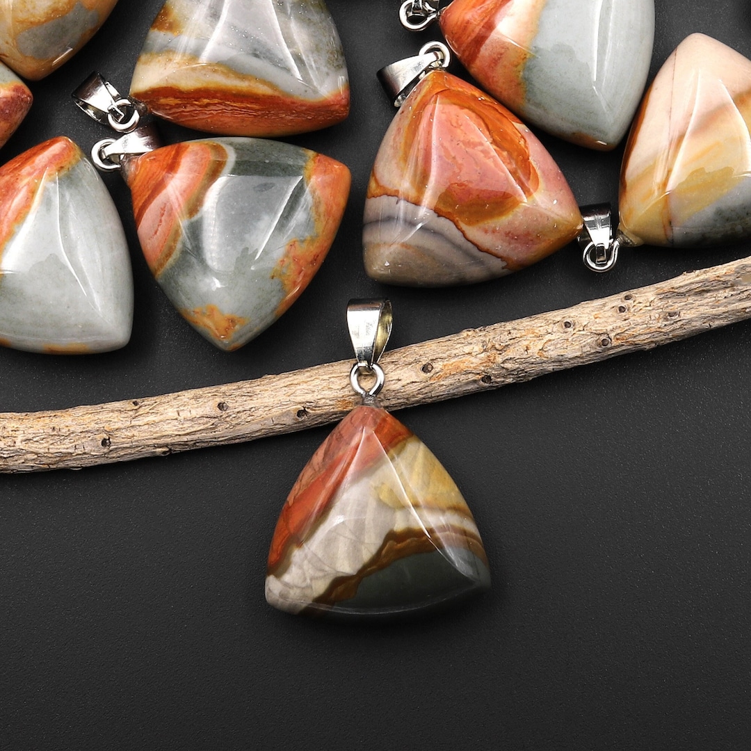 Natural Gemstone Puffy Triangle Pendant Polychrome Landscape Ocean ...