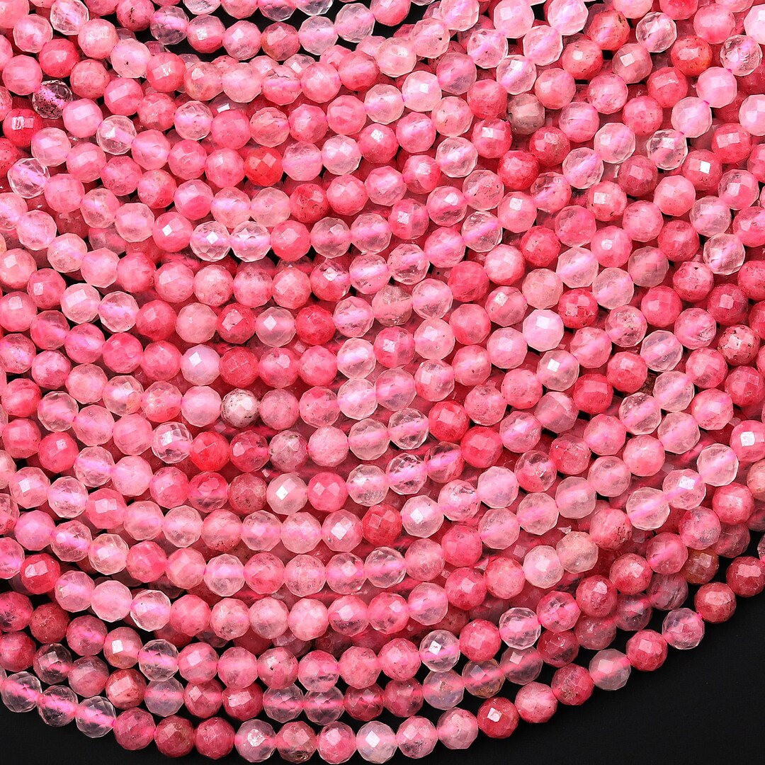 AAA Faceted Natural Pink Rhodonite in Quartz Beads 3mm 4mm Round Beads ...