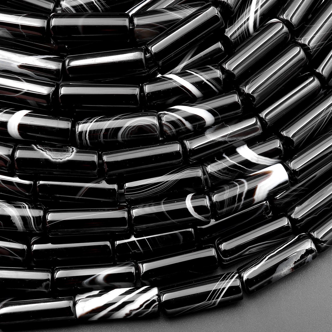 Natural Tuxedo Agate Smooth Tube Cylinder Beads Black White Stripes ...